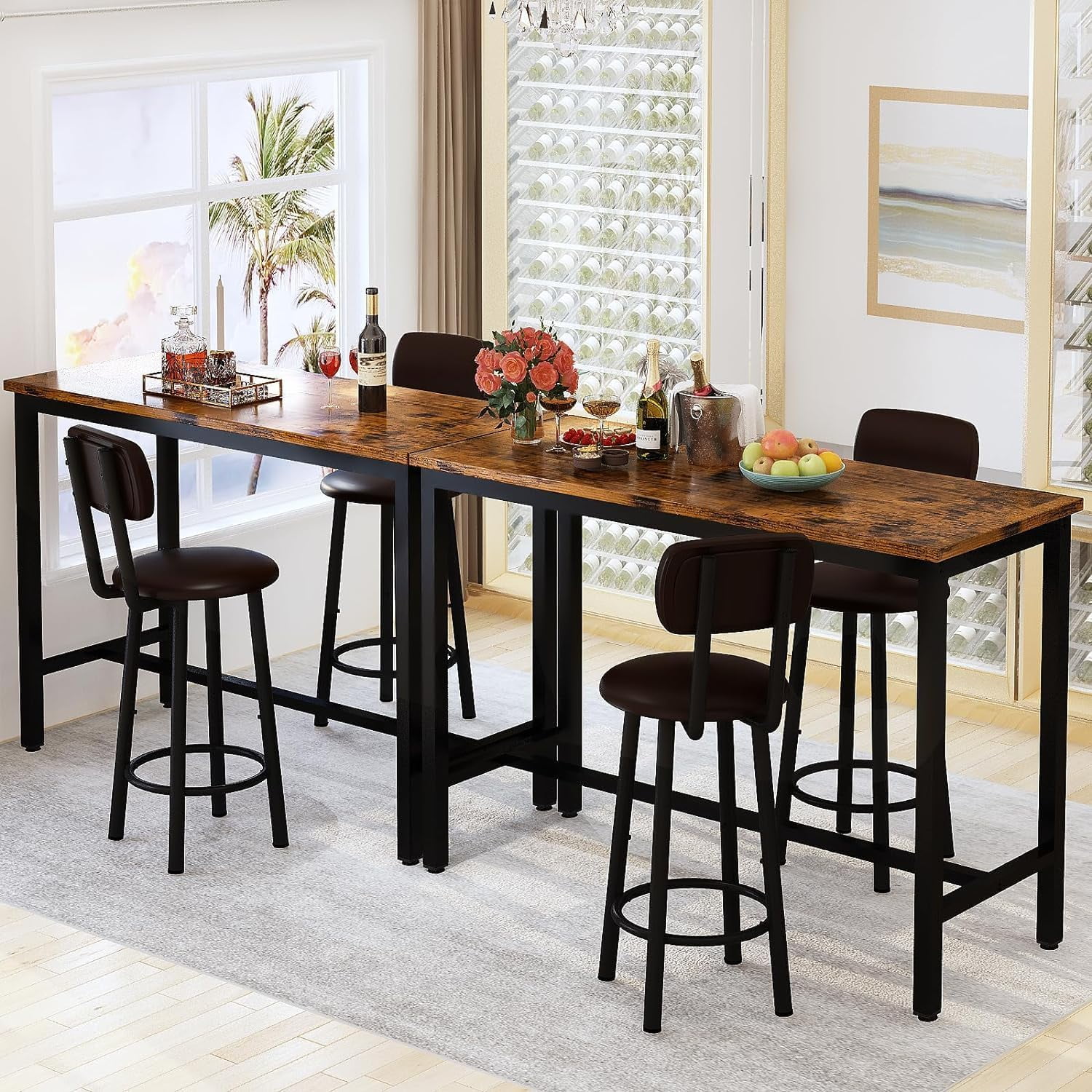 AWQM 47.2" Bar Table Set of 2,Pub Height Table & 2 PU Upholstered ...