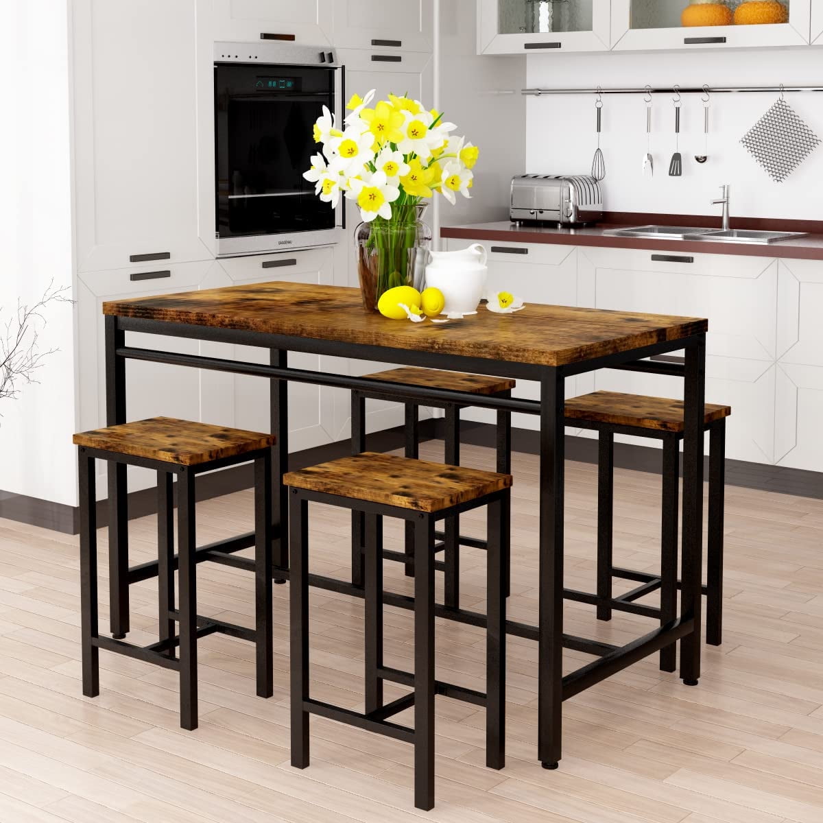 AWQM 5 Piece Counter Height Dining Set, Rustic Brown Kitchen Table and ...