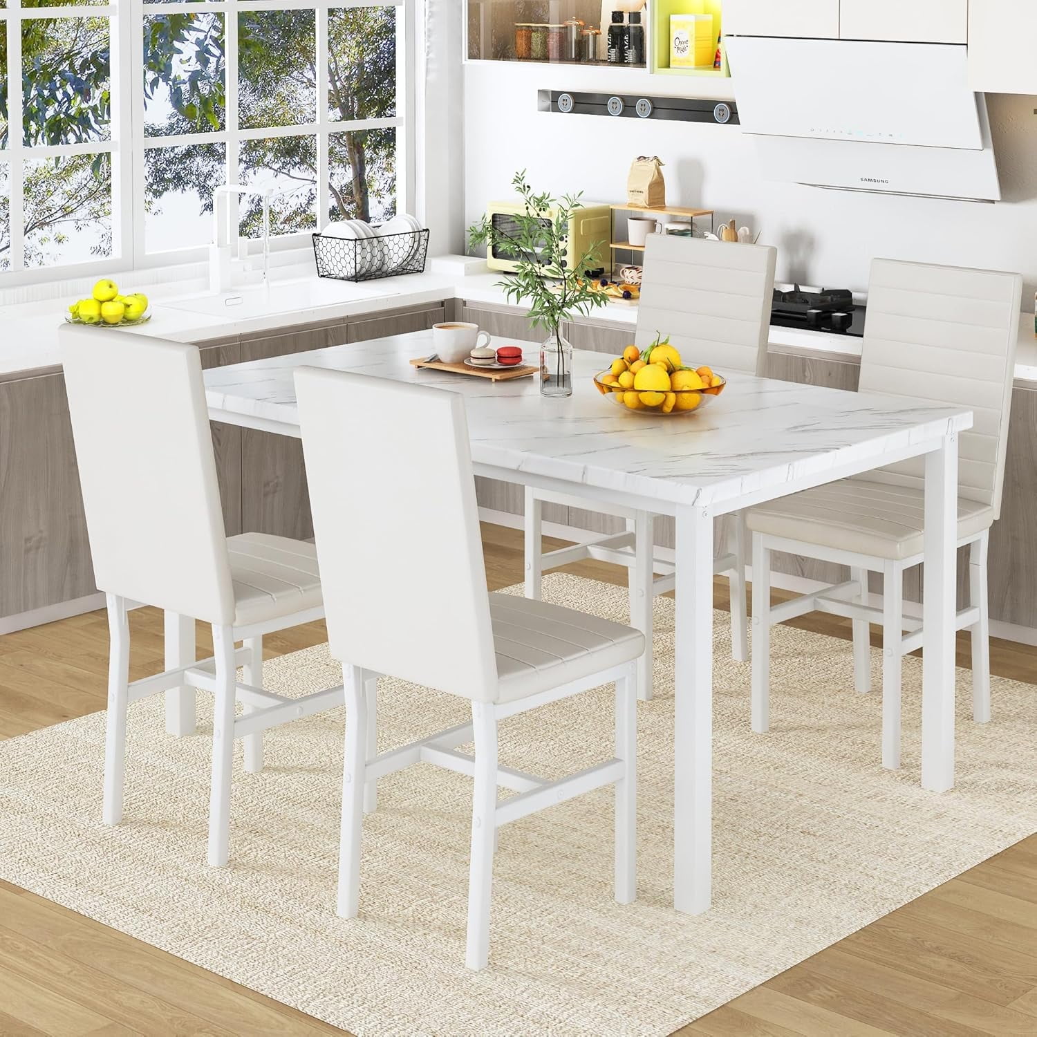 AWQM Small Dinette Set, 5 Piece Faux Marble Dining Table and 4 PU ...