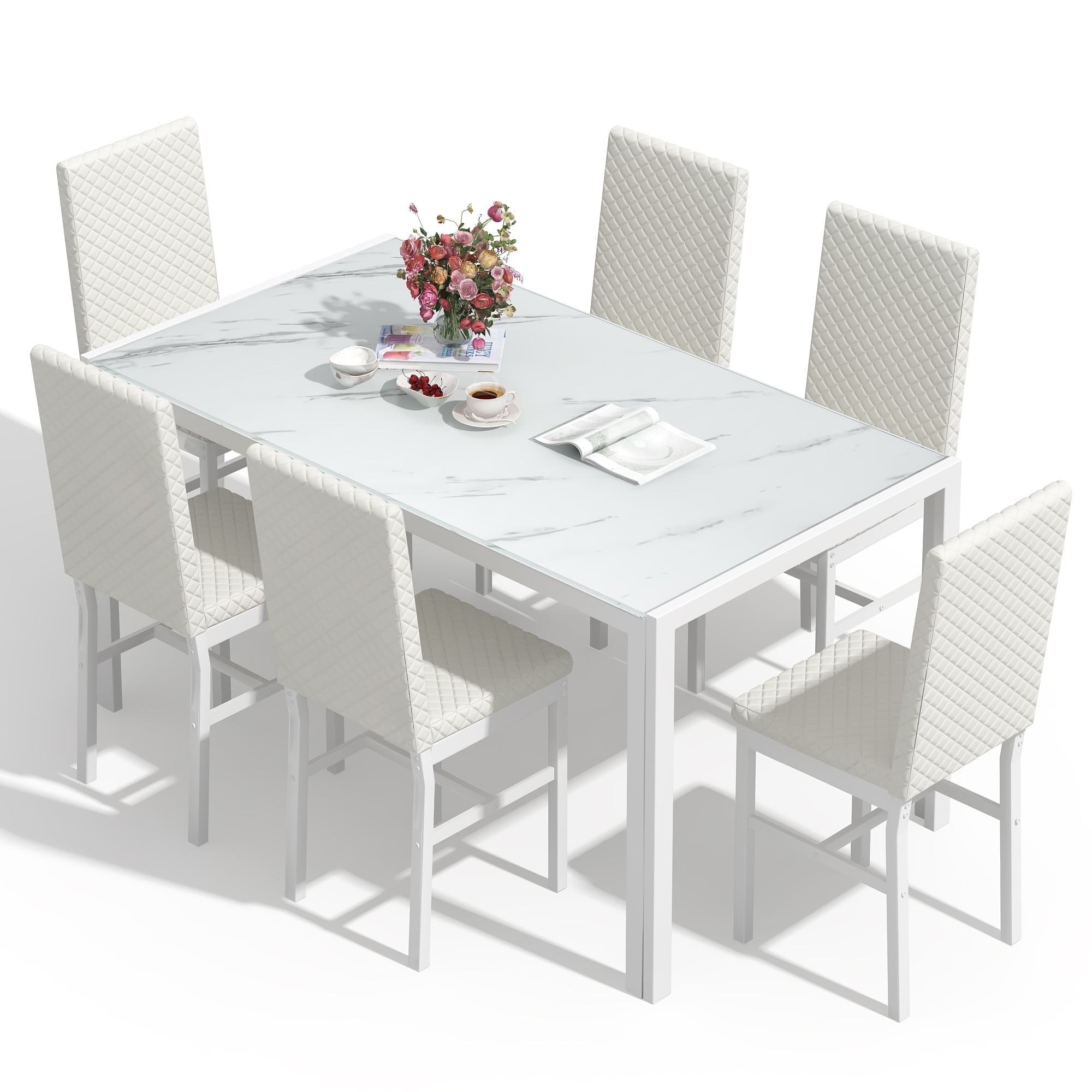 AWQM 6 Person Dining Table Set, Faux Marble Kitchen Table Set with 6 ...