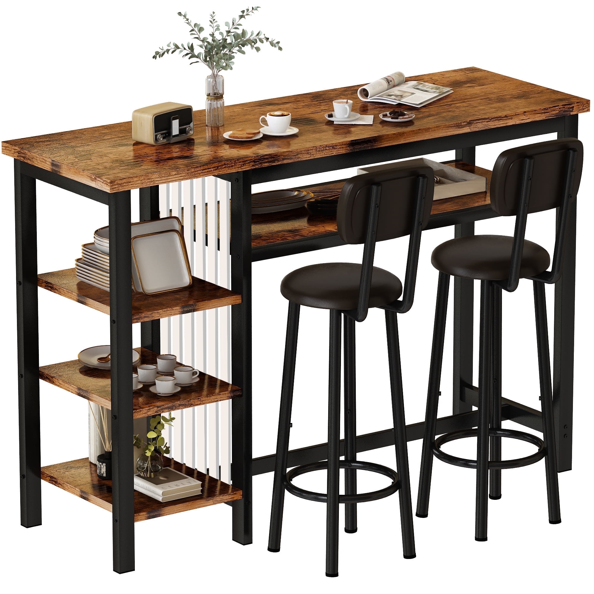 AWQM Rustic Brown+Black Pub Table Set: 2 Upholstered Stools with ...