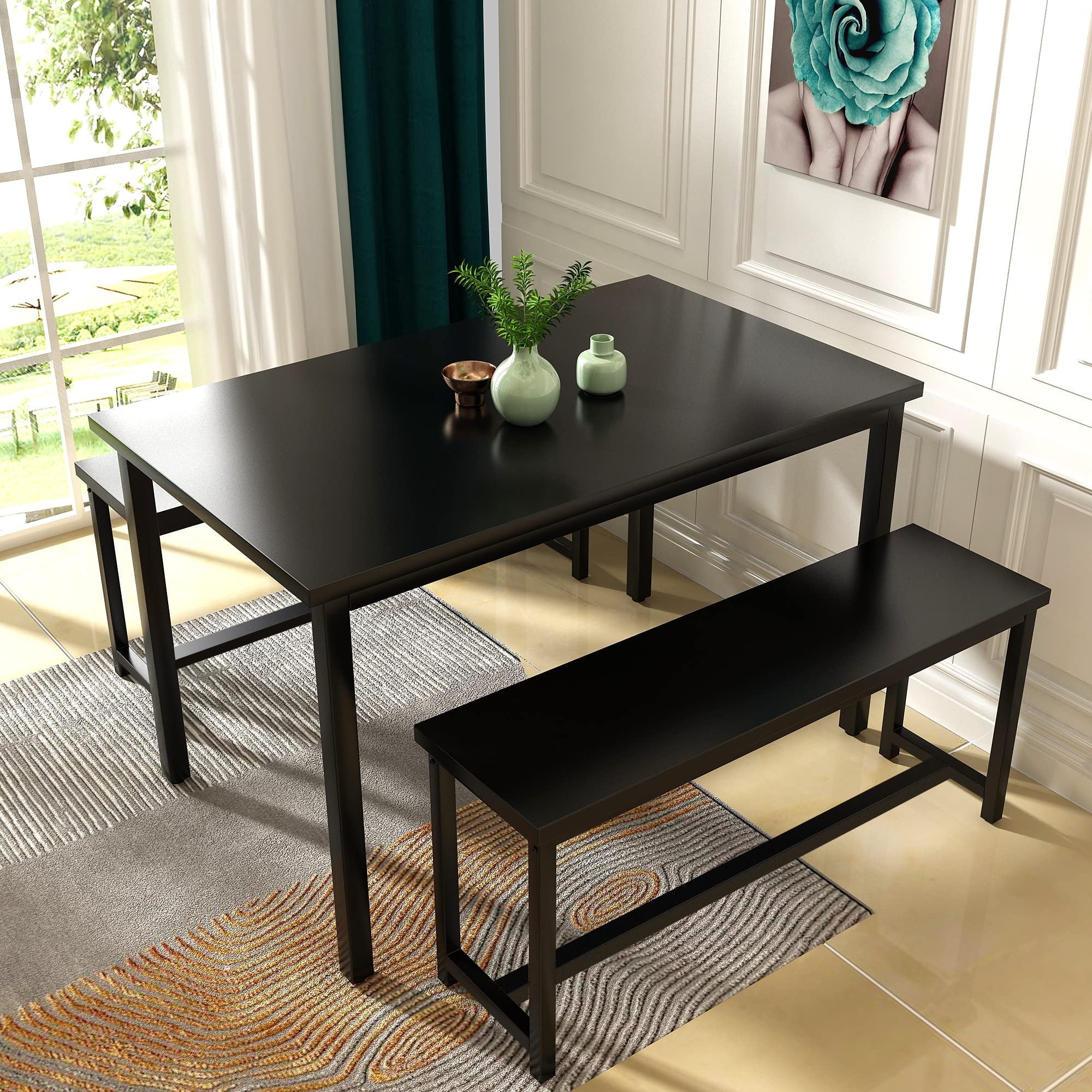 AWQM 3-Piece Dining Table Set for 4, 47.2Inch with 2 Benches, Sturdy ...