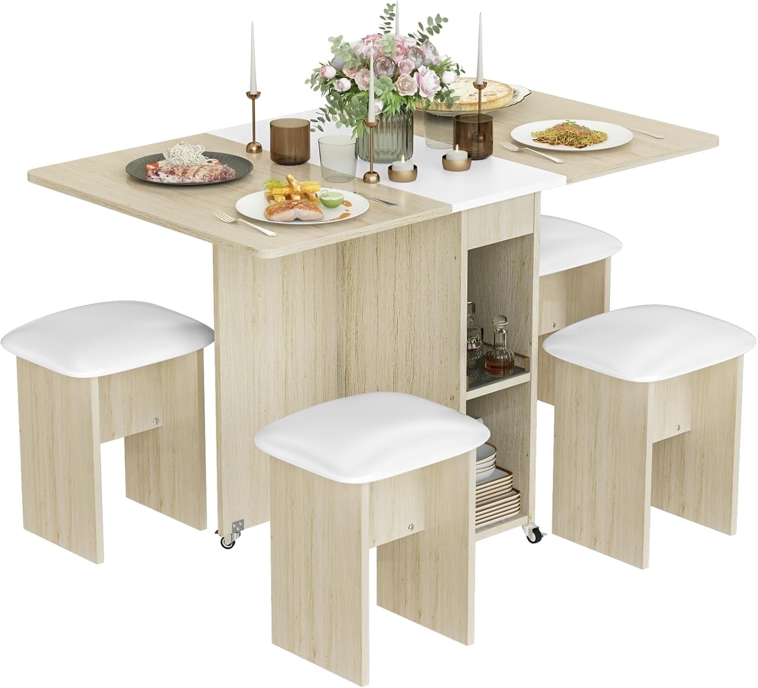 AWQM 4 Person Folding Dining Table Set with 4 Leather Chairs and ...
