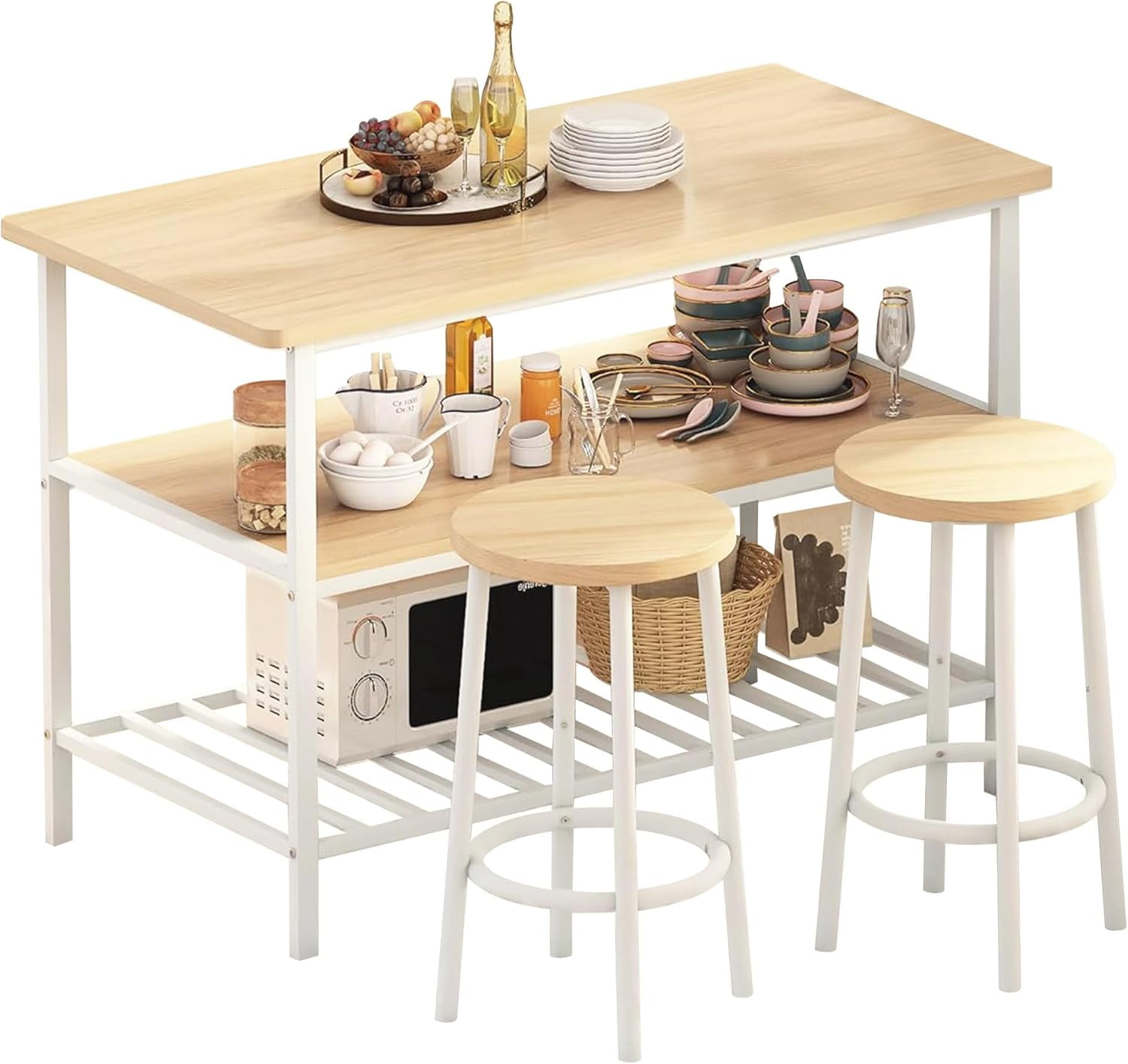 AWQM Island Table with Seating and Storage, Beige, 3 Shelves, Wooden ...