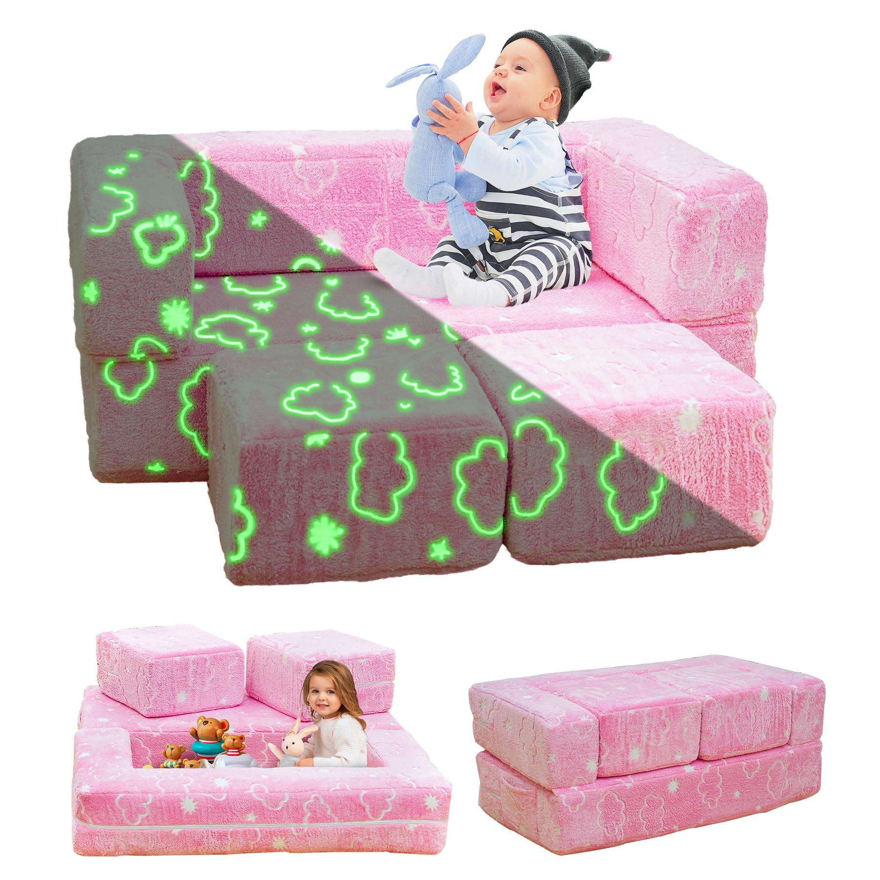 AWQM Kids Couch,Glow in The Dark Baby Modular Couch with Washable and ...