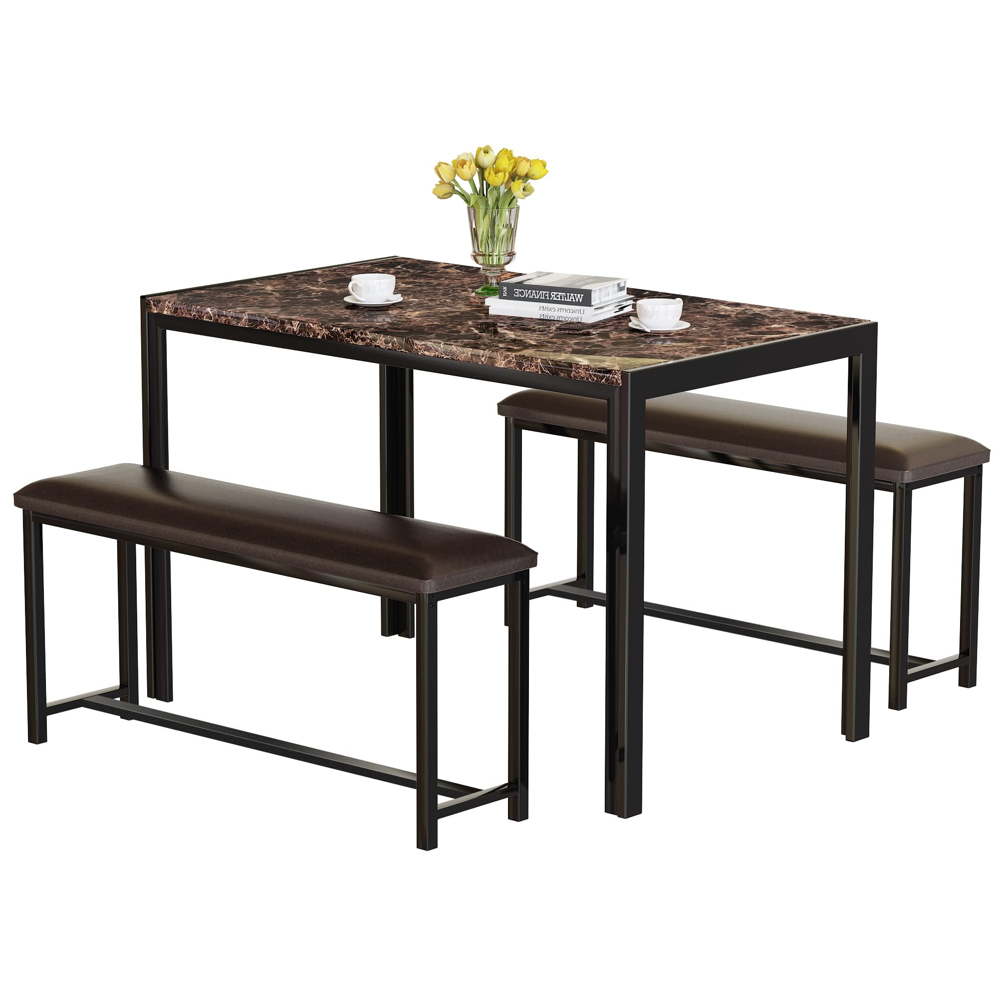 AWQM Kitchen Table Set with 2 Benches, Faux Marble Dining Table and PU ...