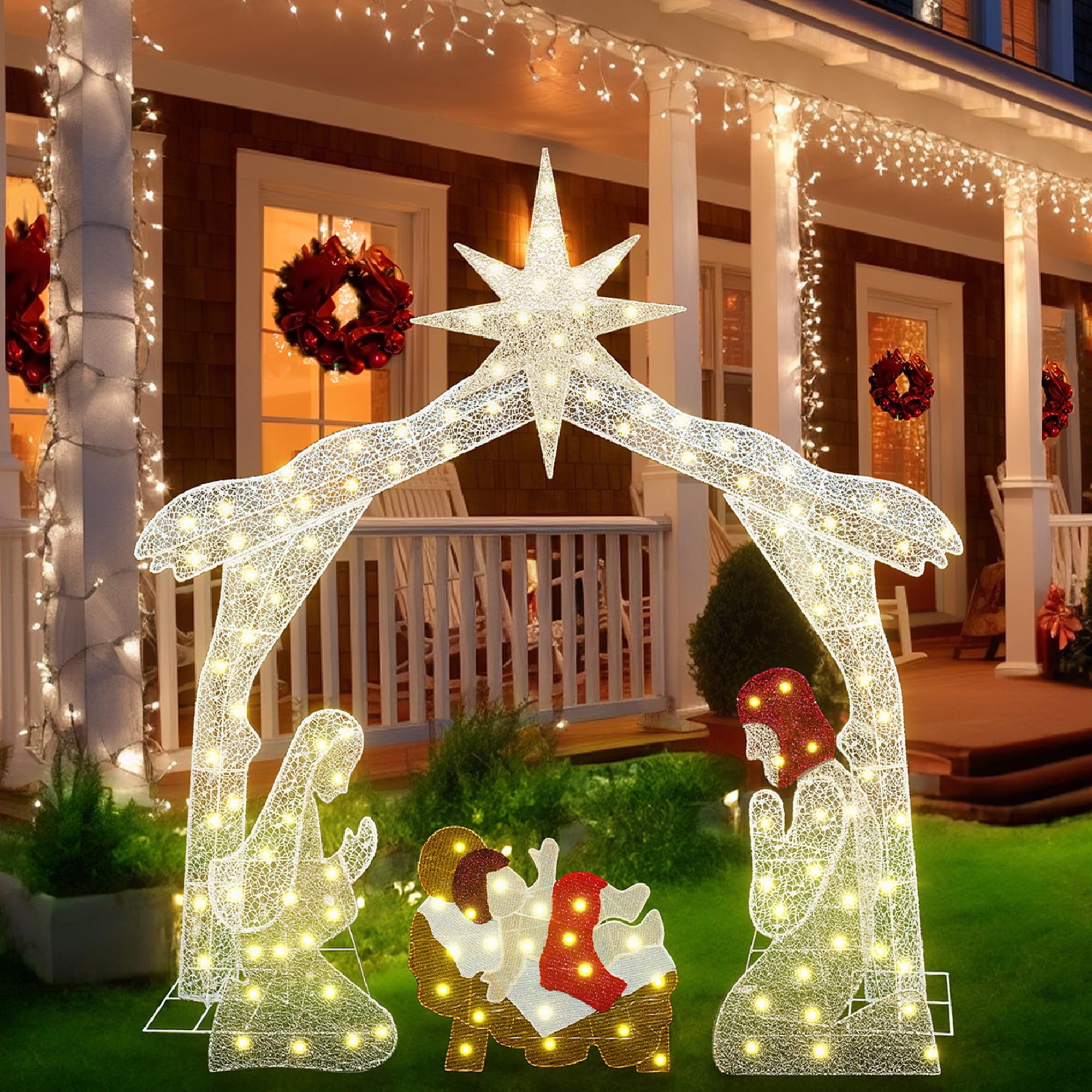 AWQM 5.5ft LED Lighted Outdoor Nativity Scene with 140 Warm Lights ...