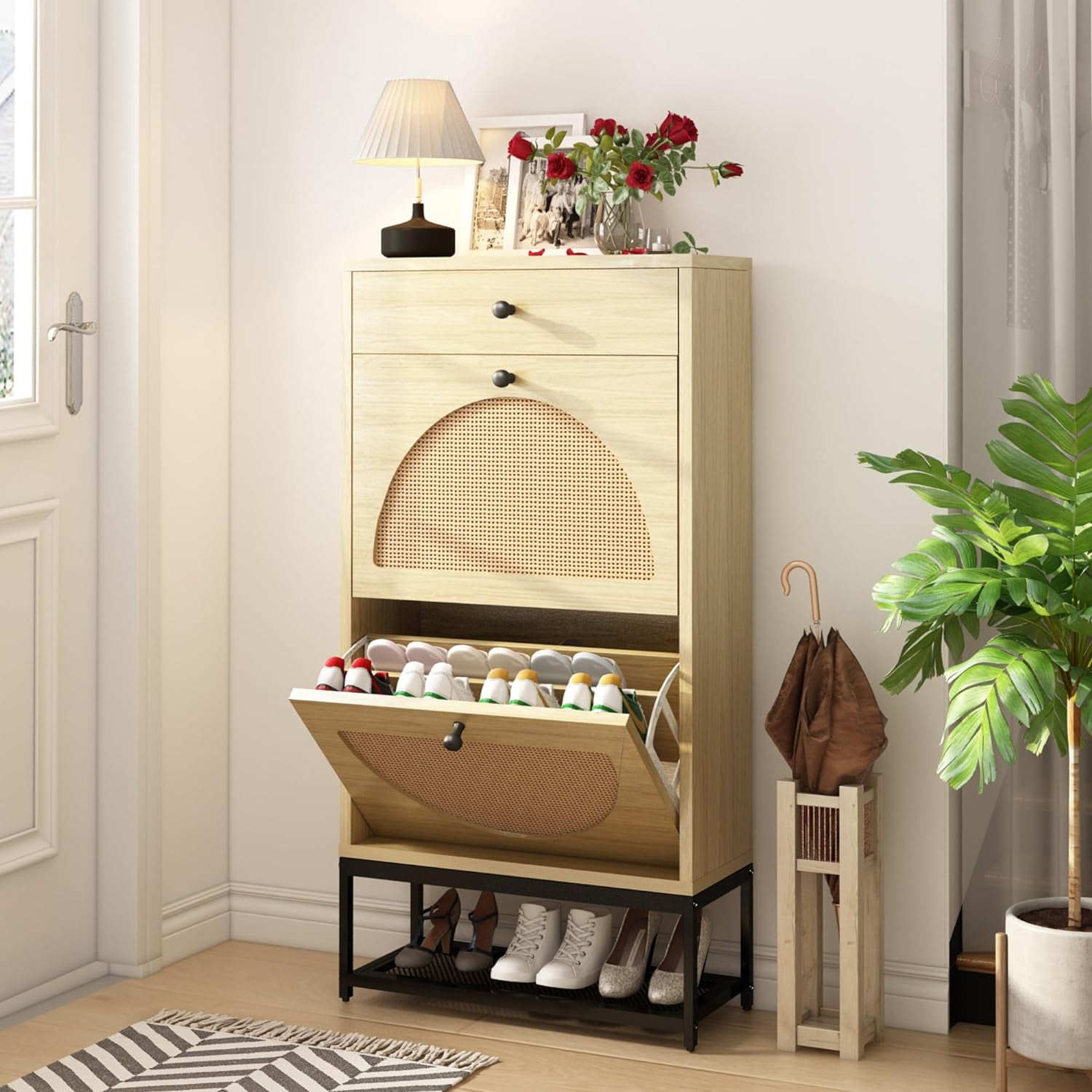 AWQM Natural Rattan Shoe Cabinet with 2 Flip Drawers and 1 Pull Drawer ...