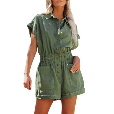 Chouyatou Women's Short Cuffed Sleeve Utility Rompers Elastic Waist ...
