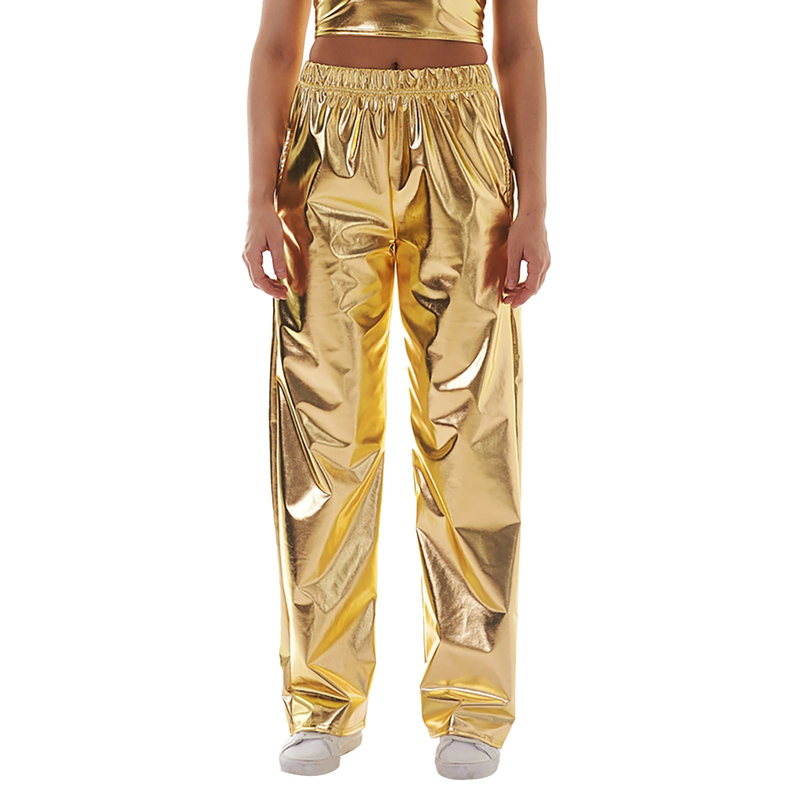 AWXNJUX Leather Pants Women's Metallic Shiny Trousers Elastic Waistband ...