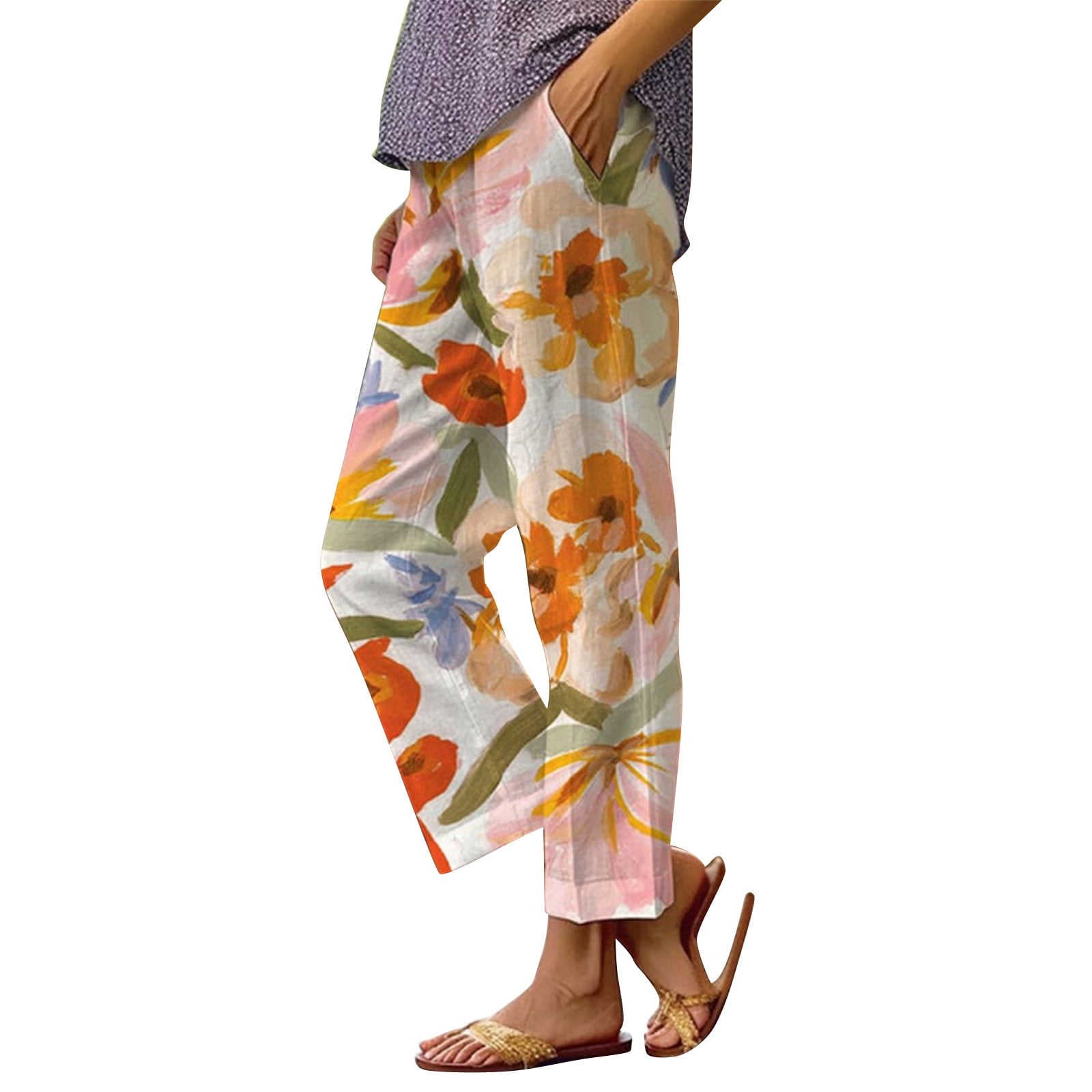 AWXNJUX Pants for Women Women's Botanical Floral Design Loose Pocket ...