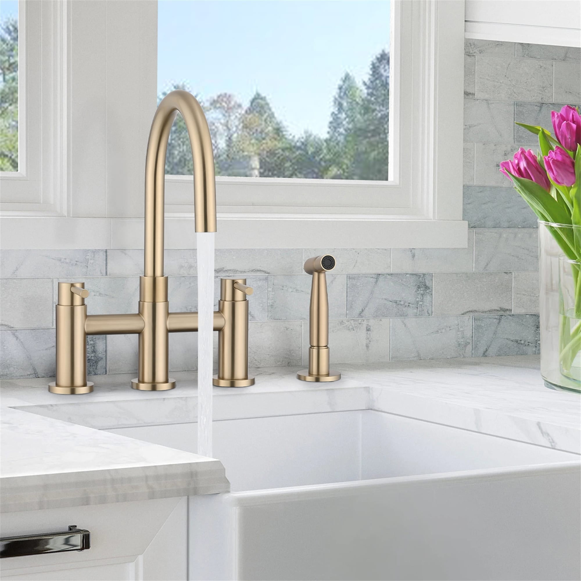 AWZTOO Bridge Kitchen Faucet With Side Sprayer 4 Hole Kitchen Sink ...