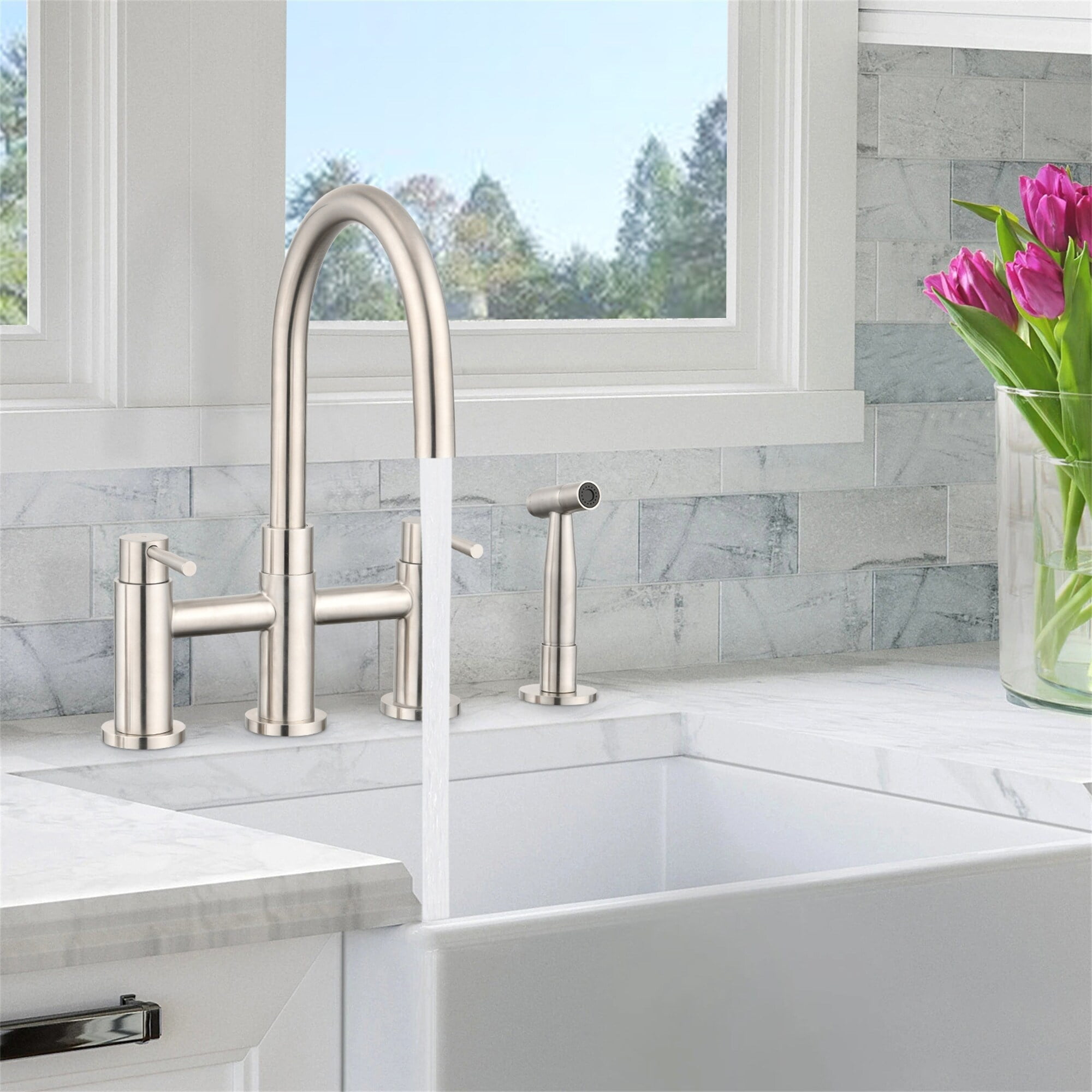 AWZTOO Bridge Kitchen Faucet With Side Sprayer 4 Hole Kitchen Sink ...