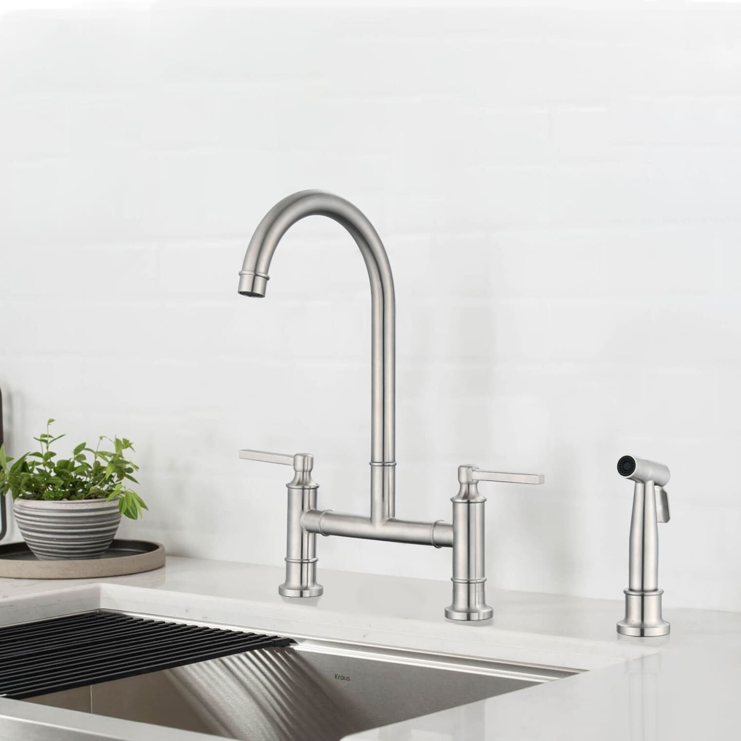 AWZTOO Stainless Steel Bridge Kitchen Sink Faucet with Side Sprayer ...