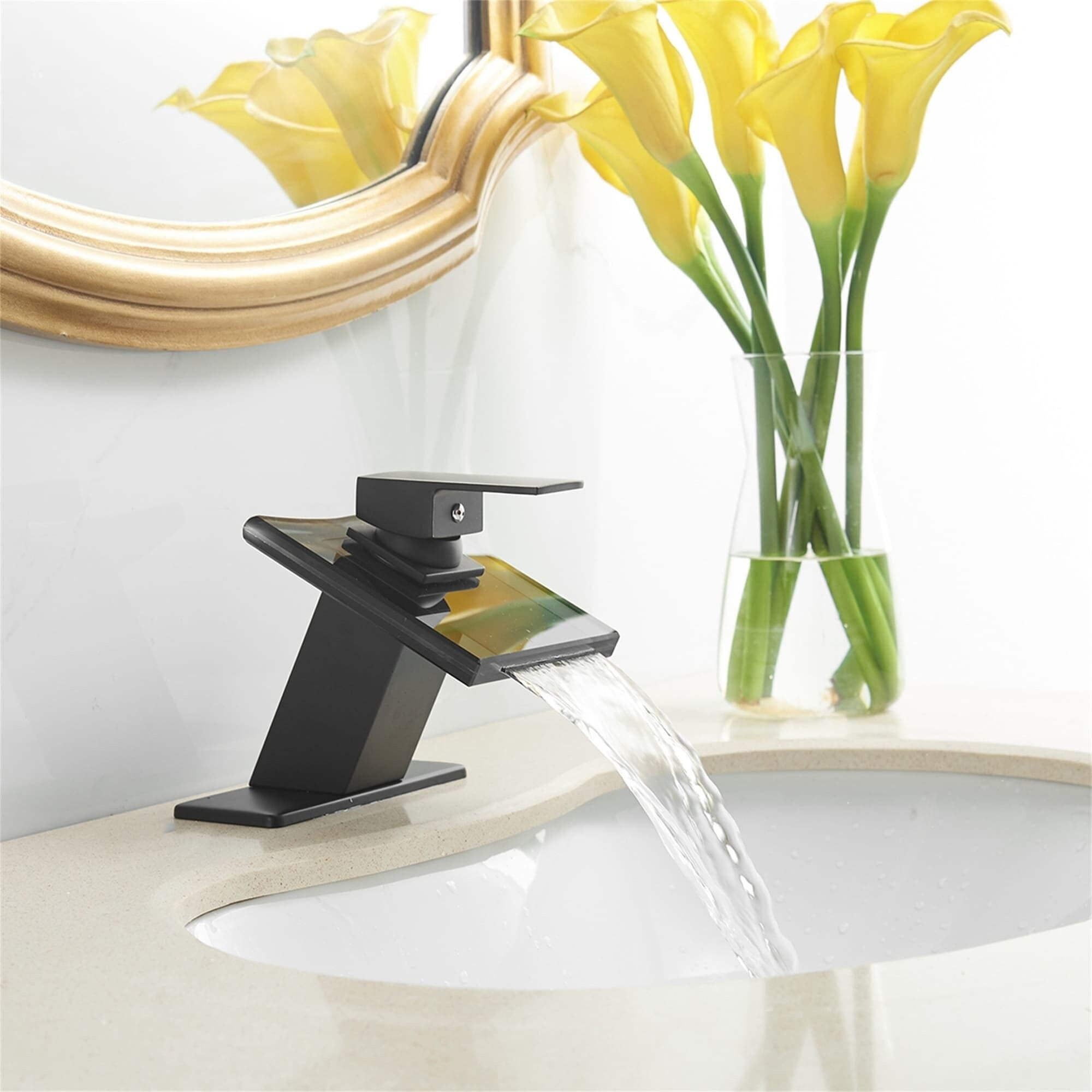 AWZTOO Waterfall Bathroom Faucet With Glass Spout Single Handle ...