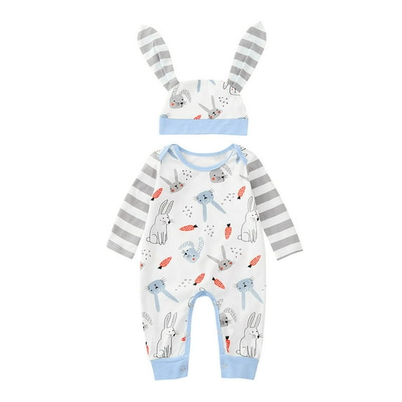 AWZXDE Baby Girls Rabbit Carrot Print Striped Bodysuit Matching Hat 2 ...