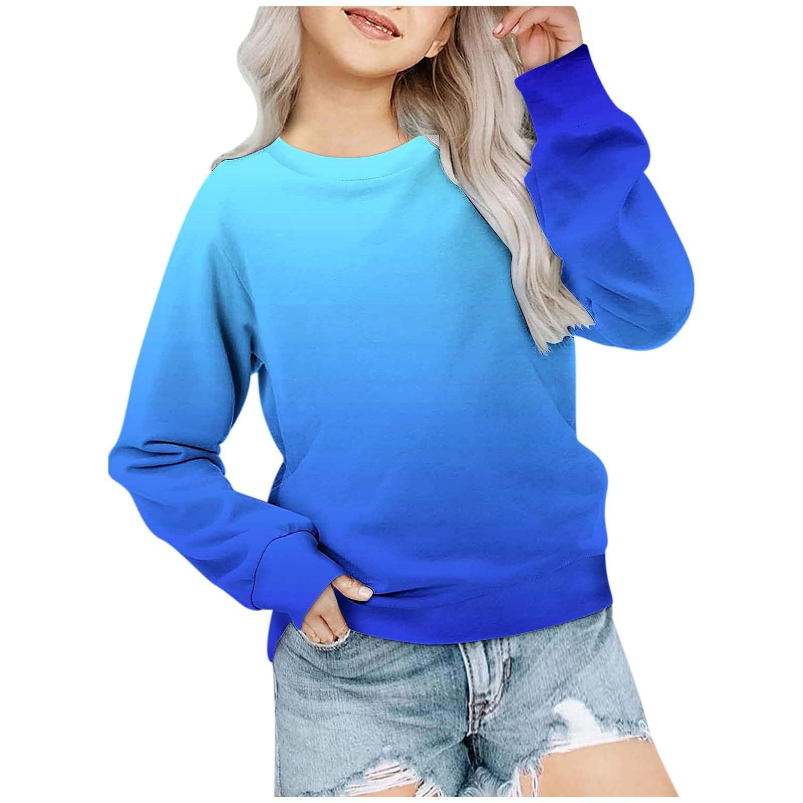 AWZXDE Big Girls Color Gradient Casual Round Neck Long Sleeve Printed ...