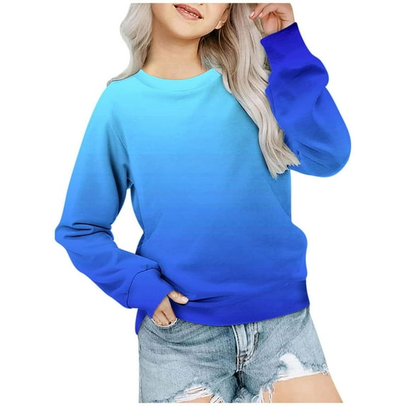 AWZXDE Big Girls Color Gradient Casual Round Neck Long Sleeve Printed ...