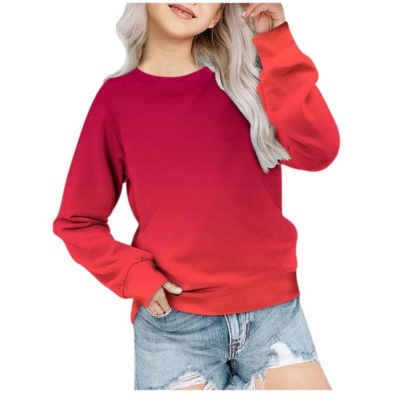 AWZXDE Big Girls Color Gradient Casual Round Neck Long Sleeve Printed ...