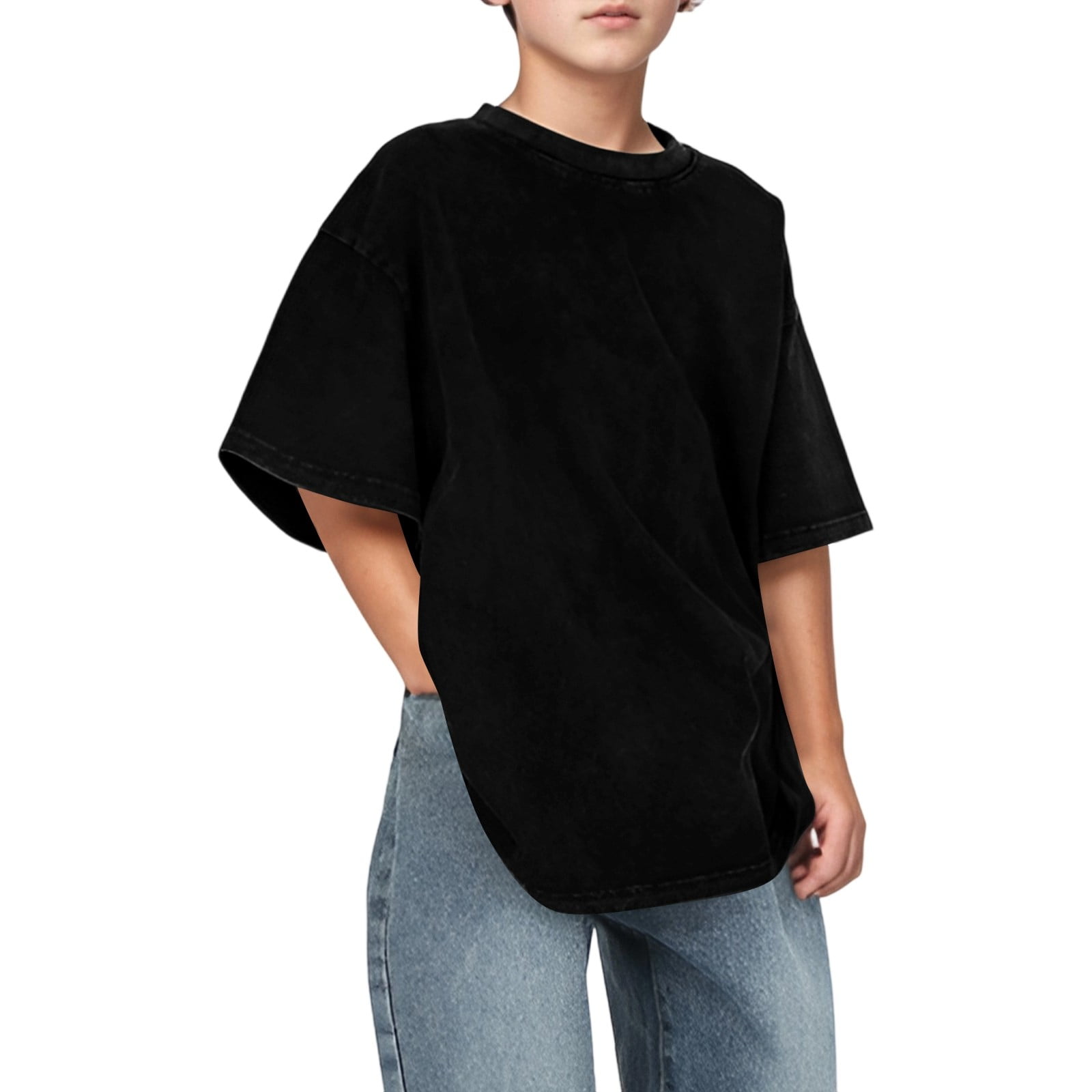AWZXDE Boys Big Size Short Sleeve T Shirt Loose Fit Retro Washed Round ...