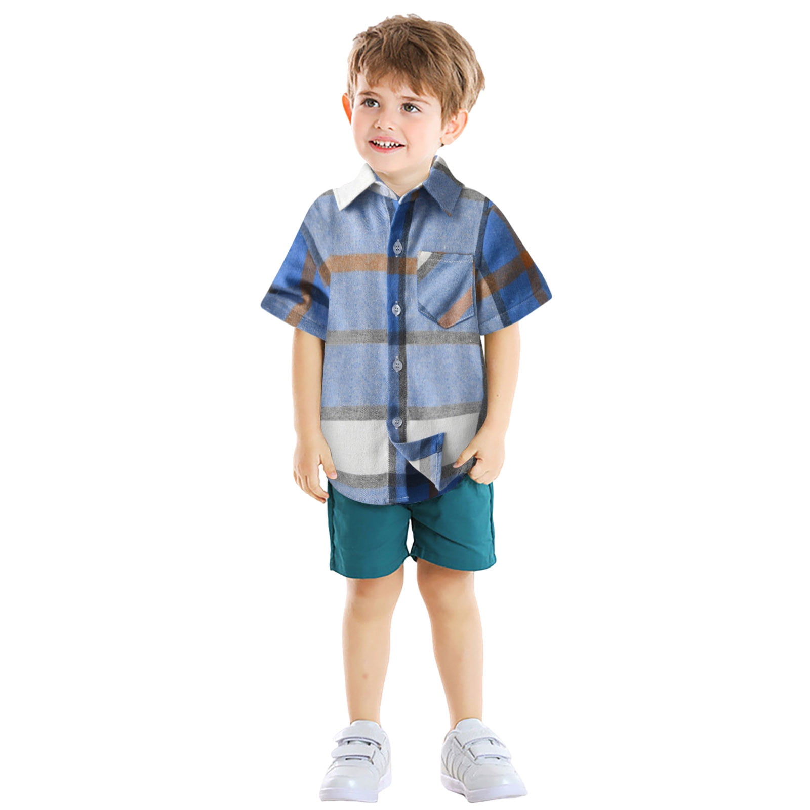 AWZXDE Boys Plaid Print Short Sleeve Lapel Casual Cotton Top Boys ...