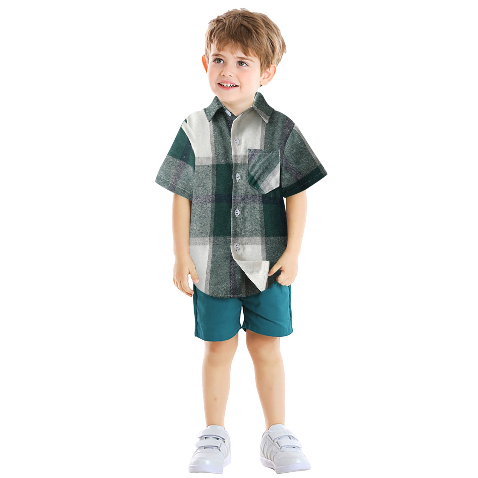 AWZXDE Boys Plaid Print Short Sleeve Lapel Casual Cotton Top Boys ...