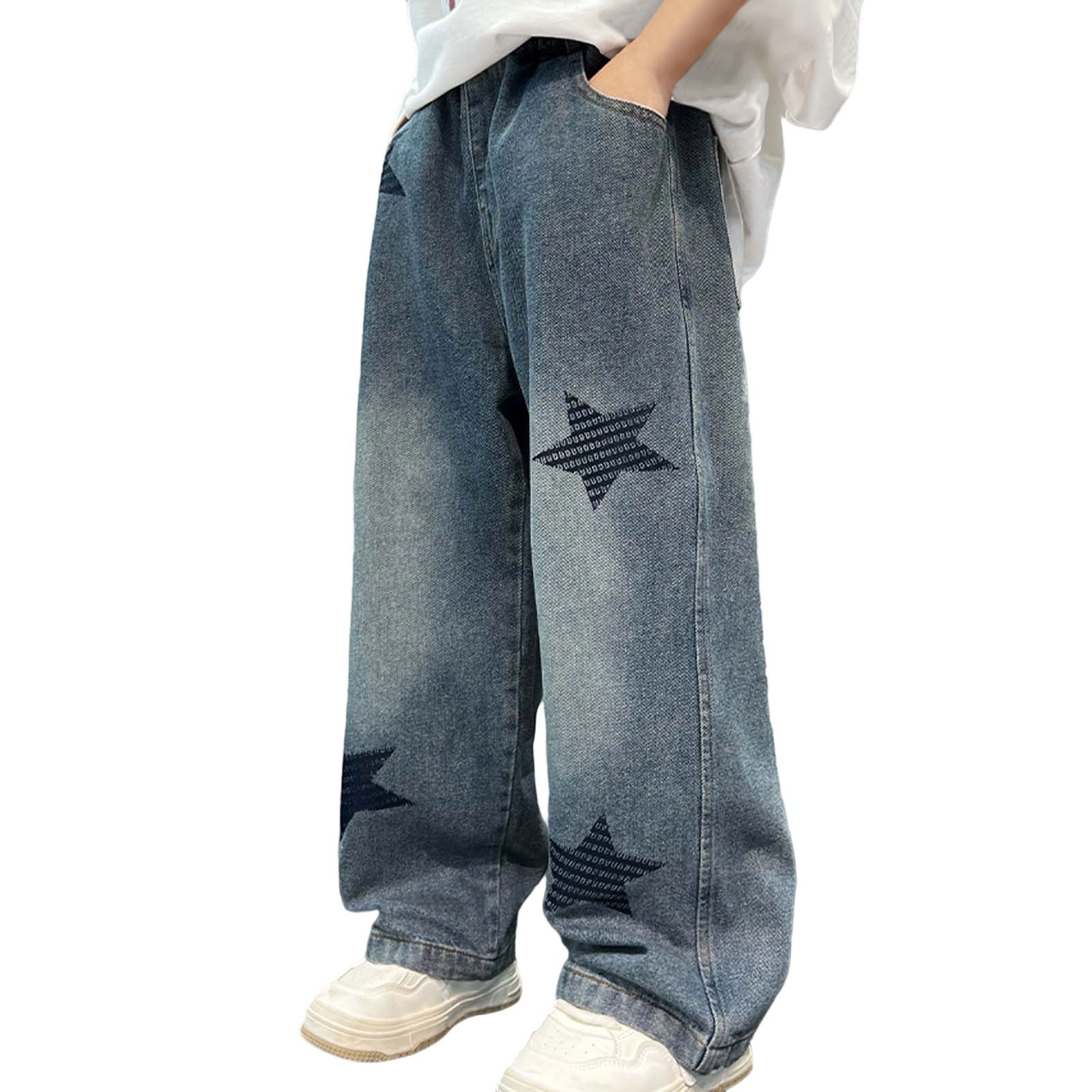 AWZXDE Boys' Retro Denim Jeans with Star Print Design, Straight Leg ...