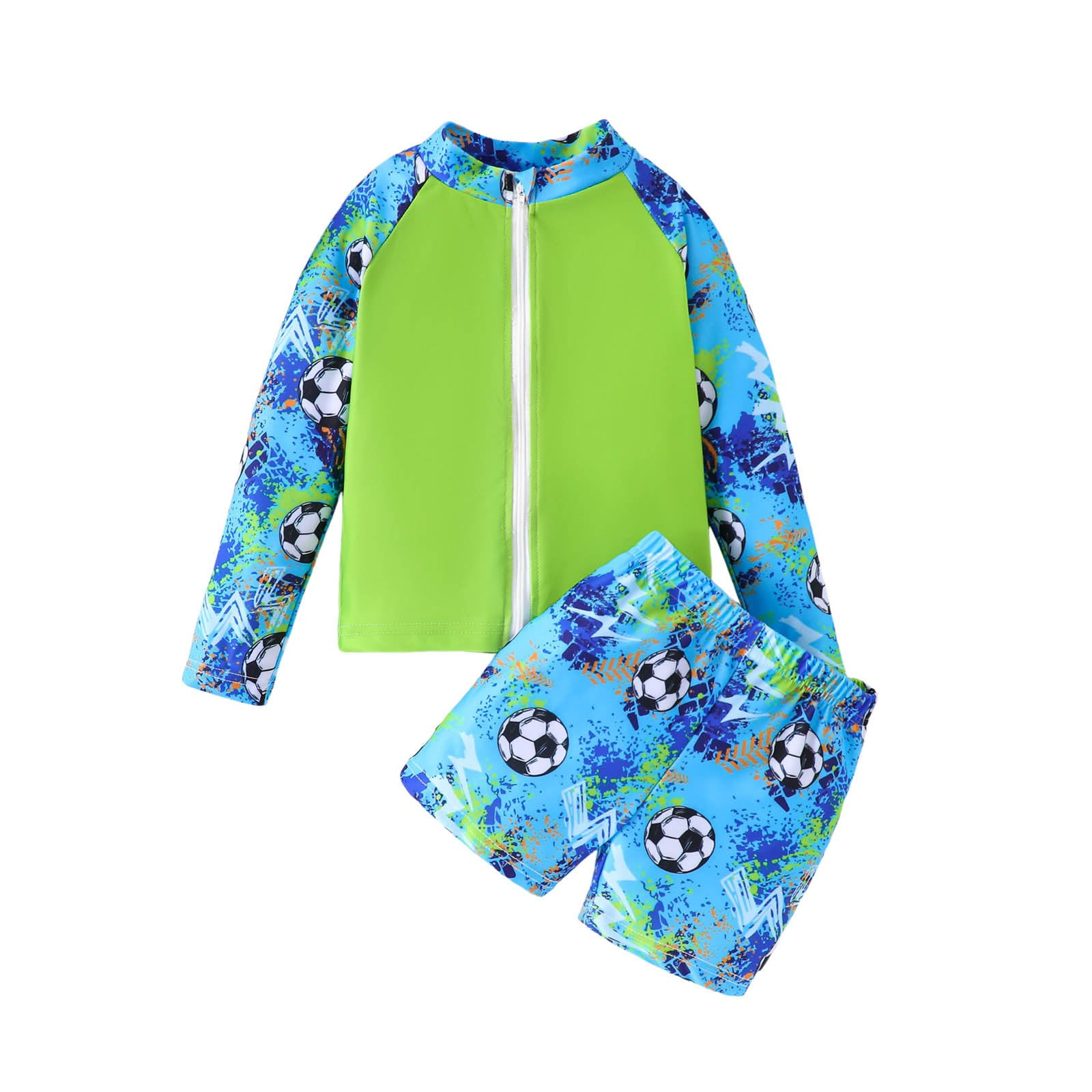 AWZXDE Boys Two Pcs Swimwear Set Long Sleeve Zip Up Dinosaur Football ...