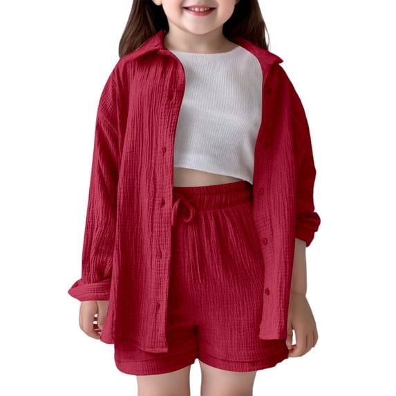 Awzxde Girls Casual Two Piece Set Turn Down Collar Shirt With Elastic