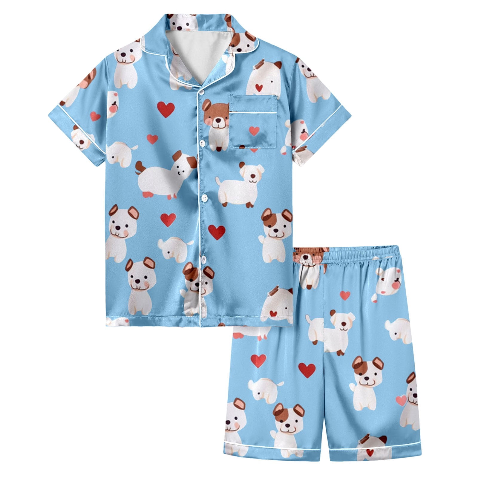 AWZXDE Girls Cute Dog Print Lapel Collar Short Sleeve Pajama Set ...