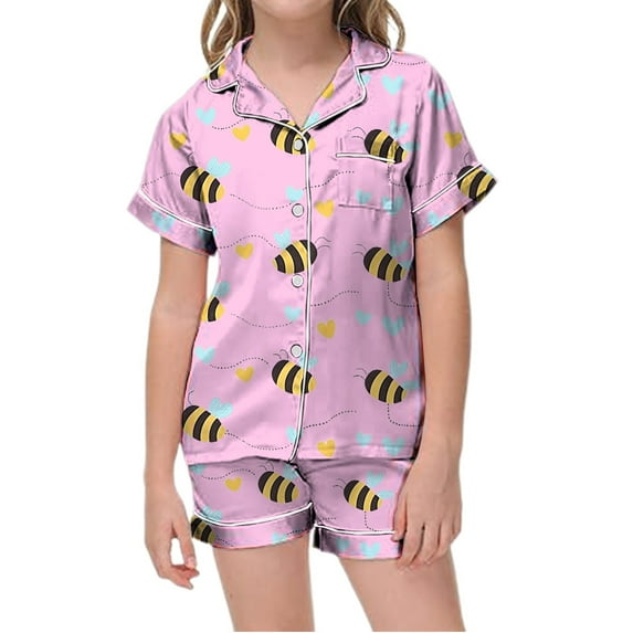 AWZXDE Girls Cute Print Pajama Set Lapel Collar Button Up Top with ...