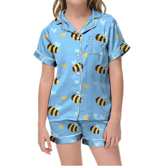 AWZXDE Girls Cute Print Pajama Set Lapel Collar Button Up Top with ...