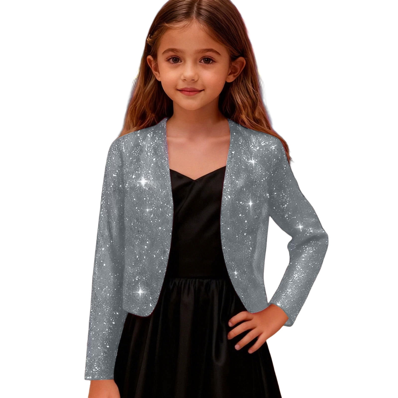 AWZXDE Girls Elegant Short Satin Jacket With Silver Foil Print Long ...