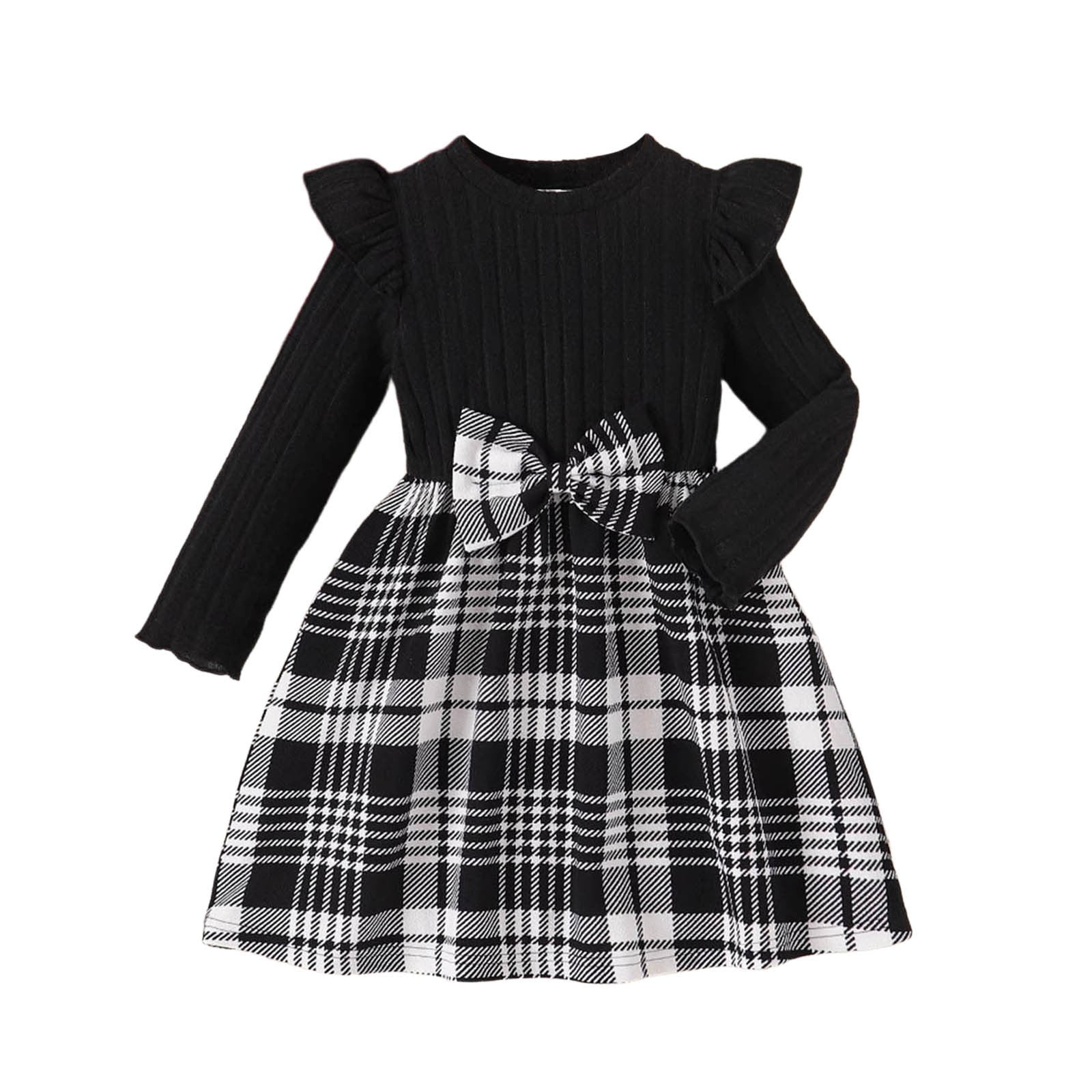 AWZXDE Girls Fall Winter Plaid Puff Sleeve Dress A-Line Dress with Bow ...