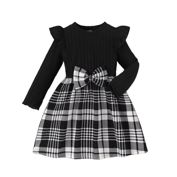 AWZXDE Girls Fall Winter Plaid Puff Sleeve Dress A-Line Dress with Bow ...