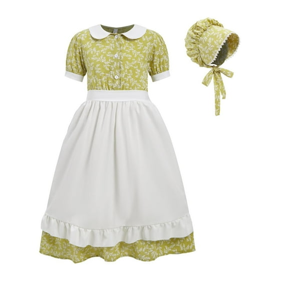 AWZXDE Girls Garden Floral Dress Apron Hat Set Long Skirt Girls Dresses ...