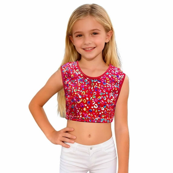 AWZXDE Girls Glitter Fashion Print Crop Vest For Dance Party ...