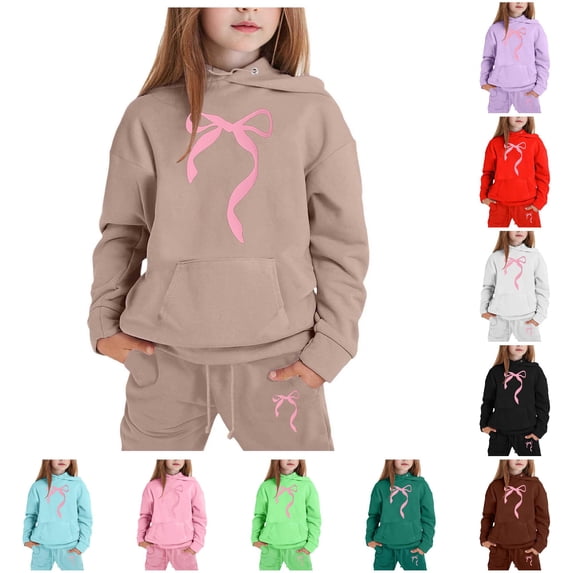 AWZXDE Girls Hoodie Jogger Set Featuring Bow Print Two Piece Casual ...