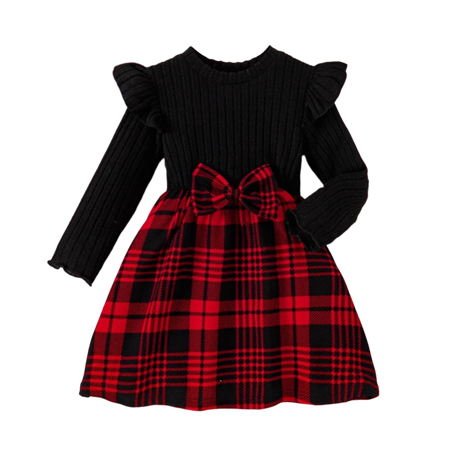 AWZXDE Girls Long Sleeve Plaid Print Bow Tie Party Dress for Holiday ...