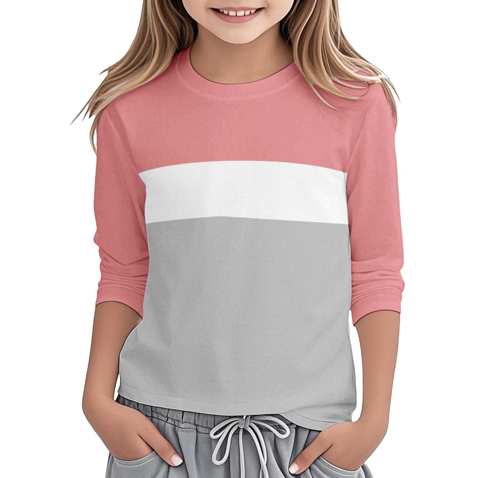 AWZXDE Girls Long Sleeve Round Neck Color Block Tee Soft Comfortable ...