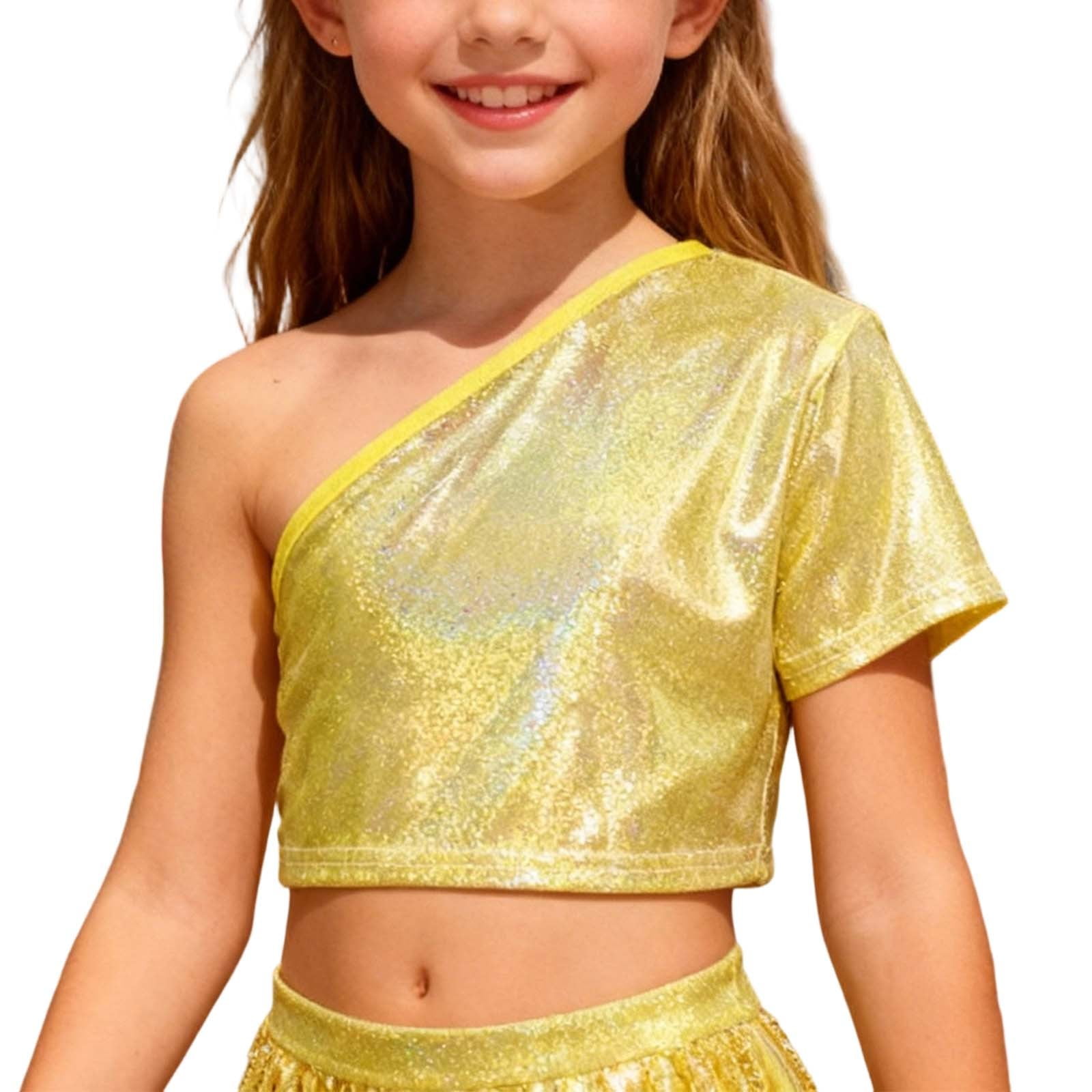 AWZXDE Girls Off Shoulder Cropped Tee Micro Print Casual Top For Dance ...