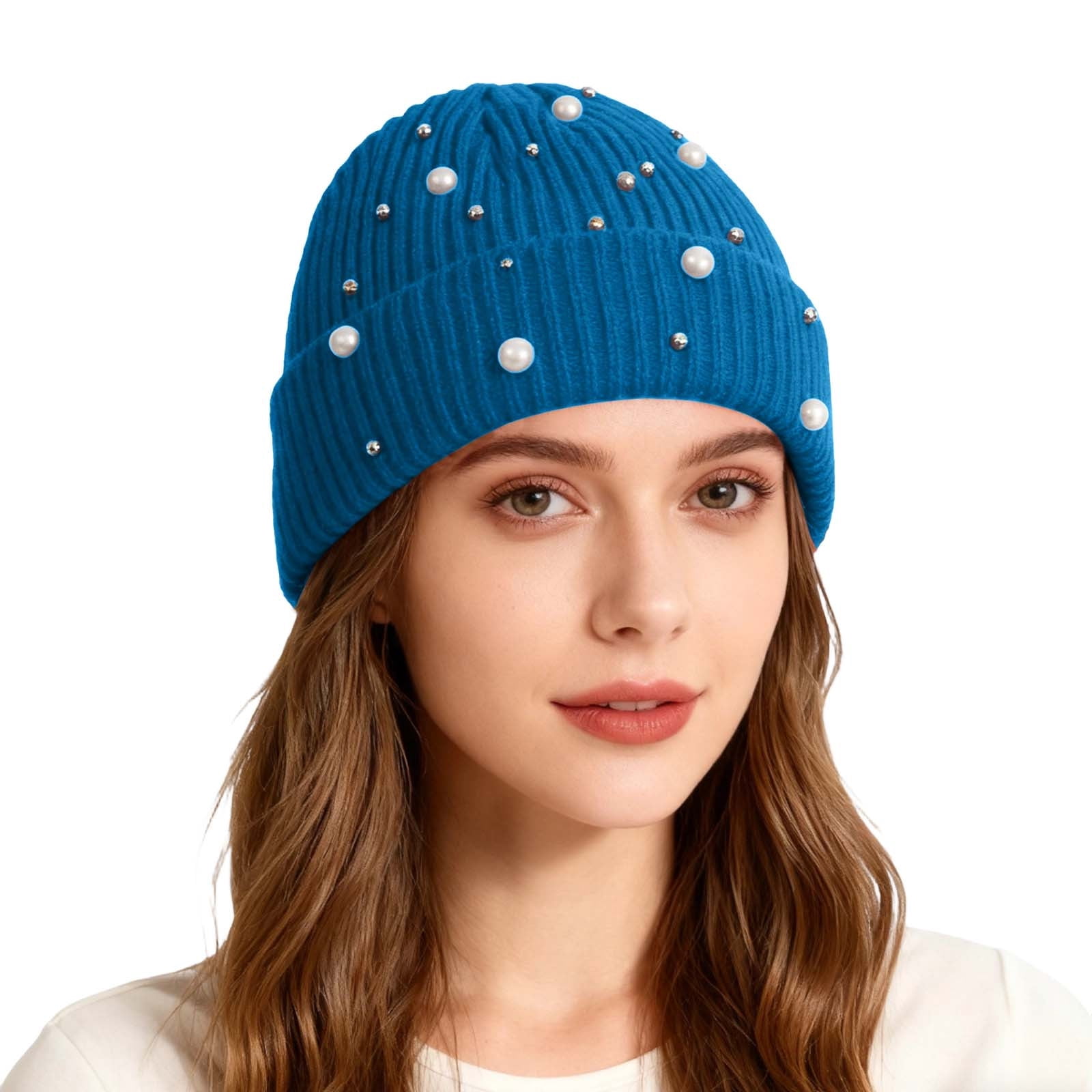 AWZXDE Girls' Pearl Glitter Knitted Hat Double Layer Warm Winter Cap ...
