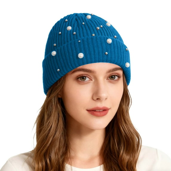 AWZXDE Girls' Pearl Glitter Knitted Hat Double Layer Warm Winter Cap ...