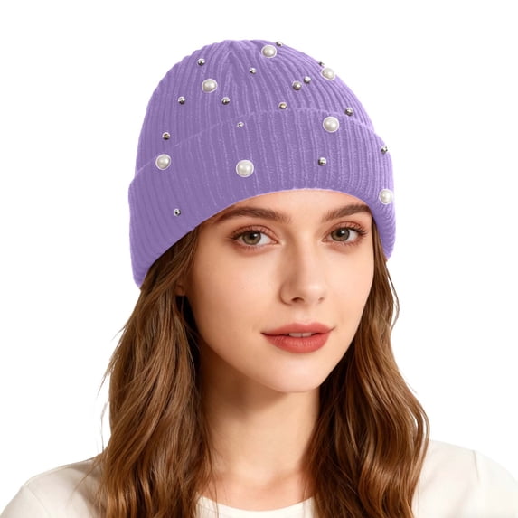 AWZXDE Girls' Pearl Glitter Knitted Hat Double Layer Warm Winter Cap ...