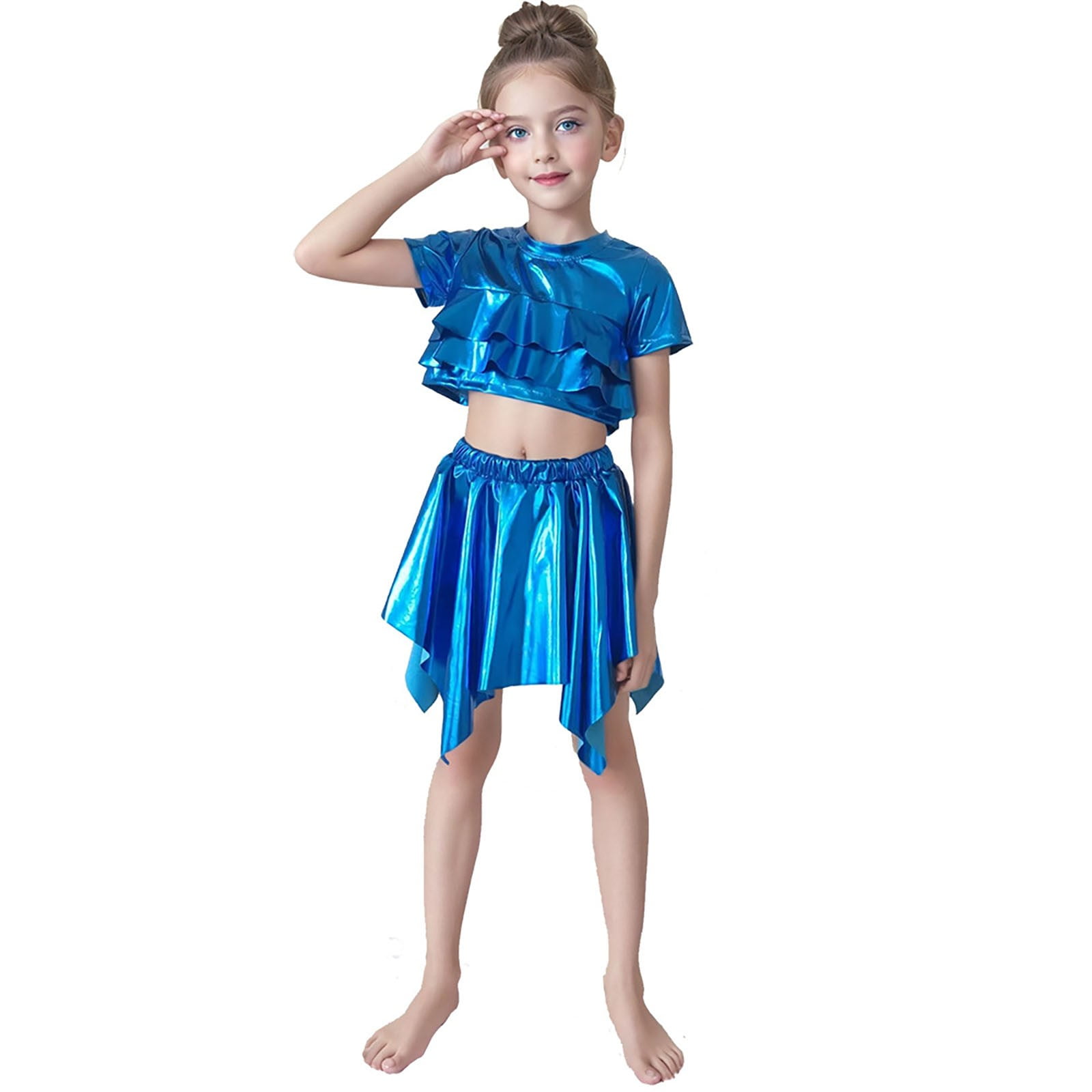 AWZXDE Girls Performance Shiny Short Sleeve Tee Top For Stage Dance ...