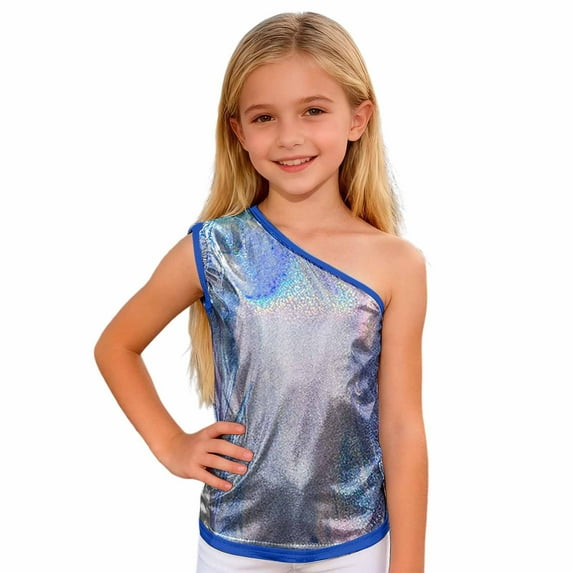 AWZXDE Girls Sequin Asymmetrical Shoulder Sleeveless Tank Top For Stage ...