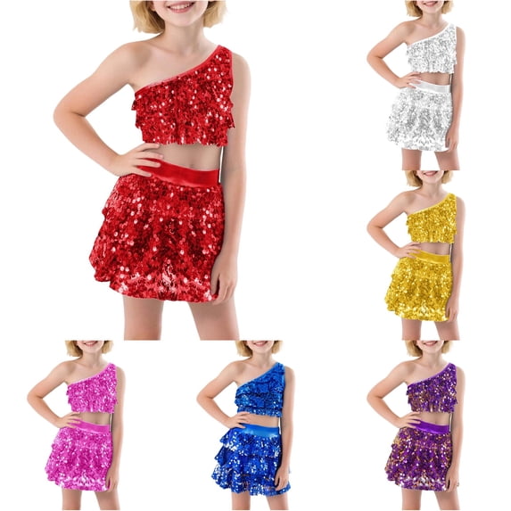 AWZXDE Girls Sequin Dance Outfit Two Piece Stretchy Comfort Fit ...