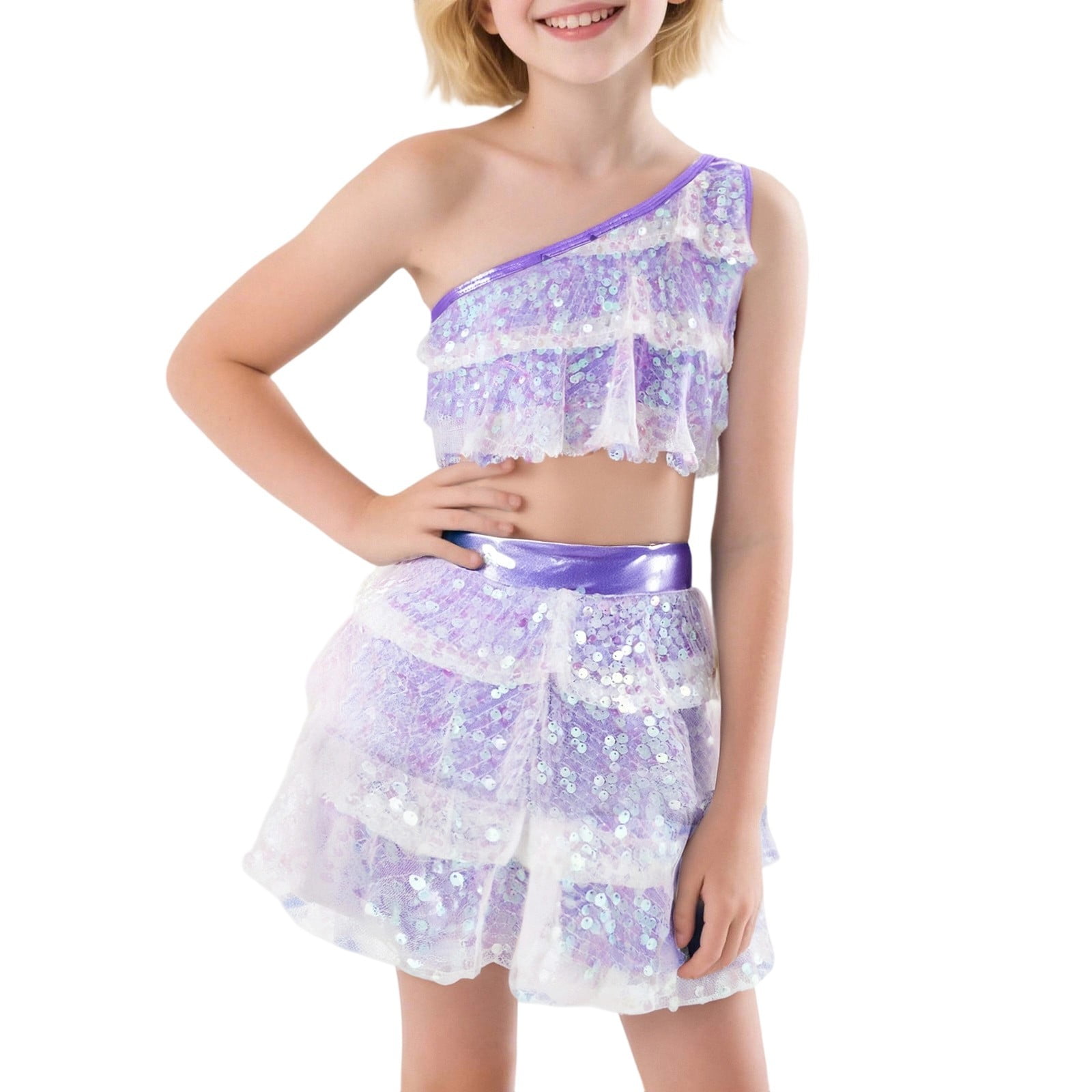 AWZXDE Girls Sequin Dance Outfit Two Piece Stretchy Top And Skirt Set ...