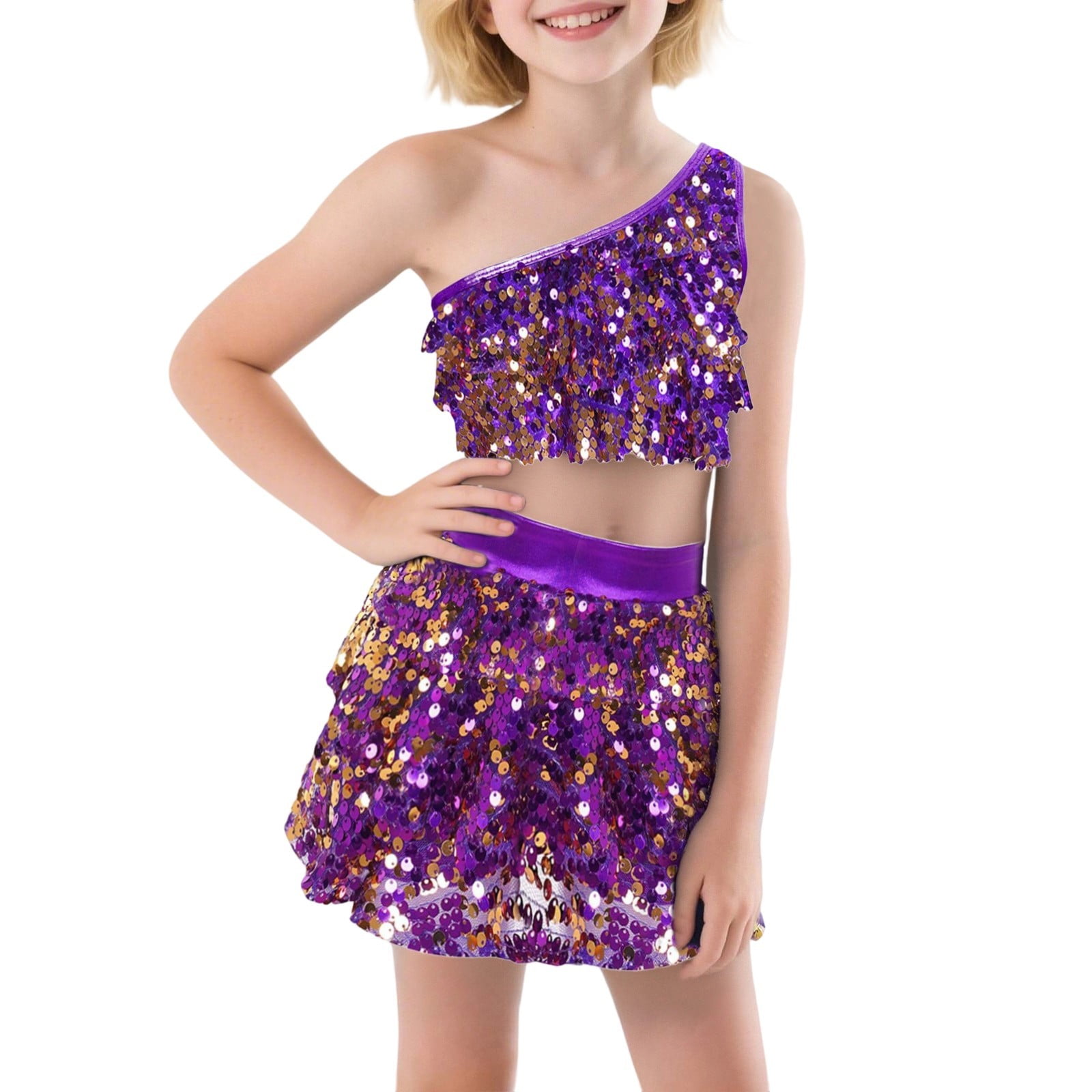 AWZXDE Girls Sequin Dance Outfit Two Piece Stretchy Top And Skirt Set ...