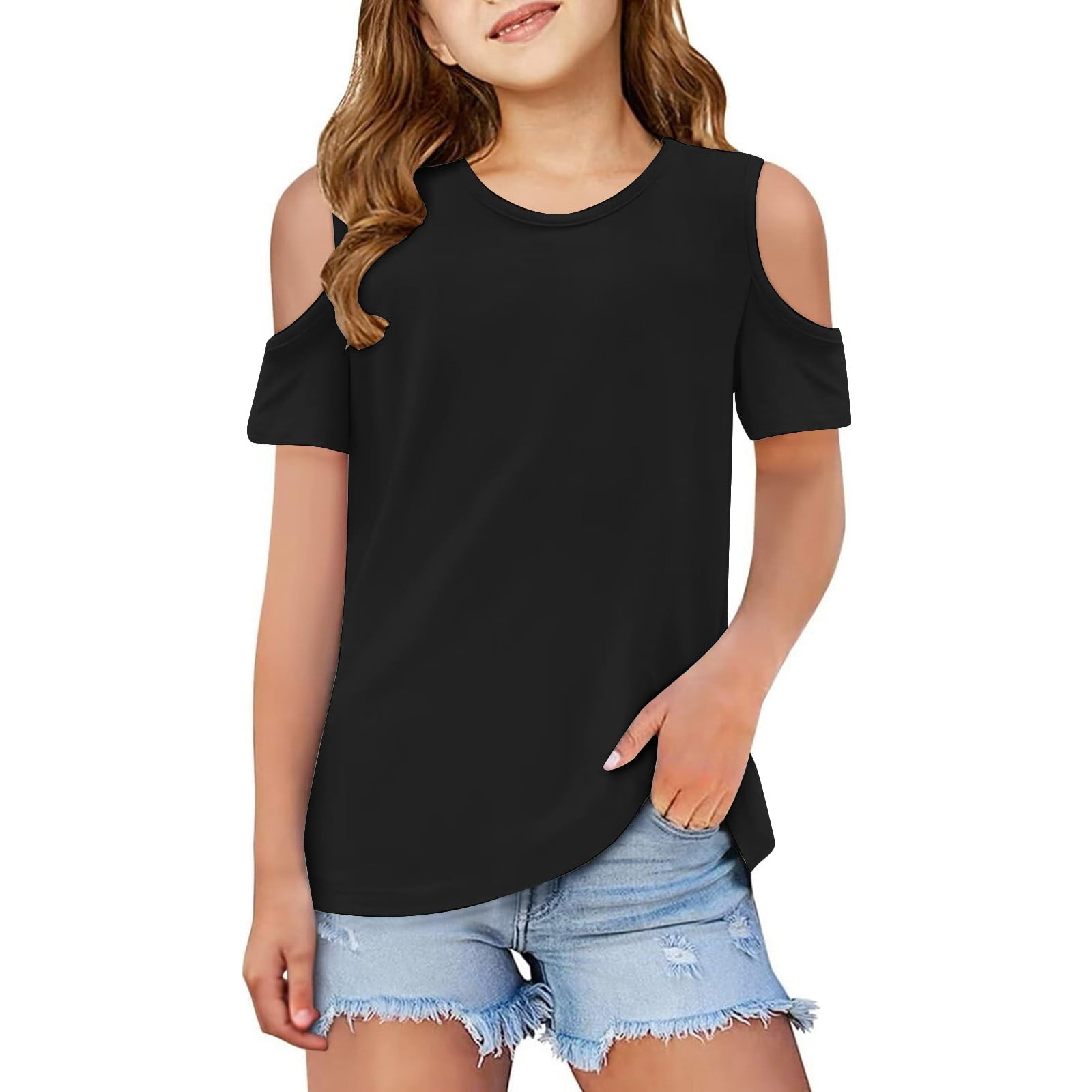 AWZXDE Girls Short Sleeve Cold Shoulder Top Cute Crew Neck Tee Casual ...